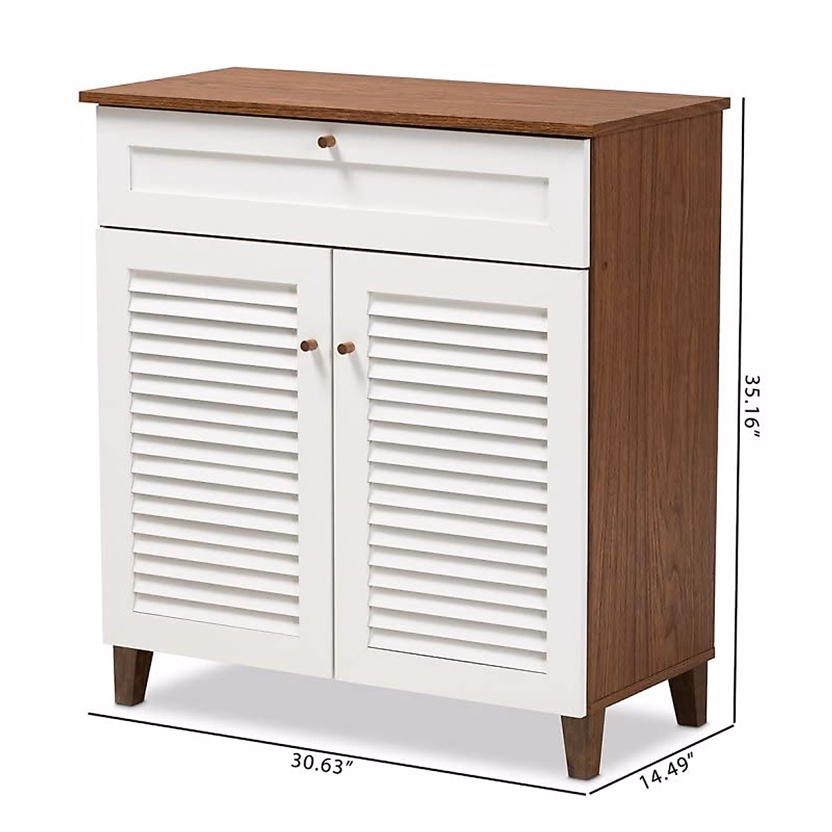Baxton Studio Coolidge Modern and Contemporary White and Walnut Finished 4-Shelf Wood Shoe Storage Cabinet with Drawer