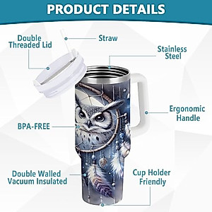 Maunzc 30 oz Tumbler with Handle and Straw, Insulated Stainless Steel Travel Mug with Lid for Coffee, Iced Tea, Water, Gift for Men Women (Dreacatcher Owl)