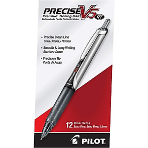 PILOT Pen 26062 Precise V5 RT Refillable & Retractable Liquid Ink Rolling Ball Pens, Extra Fine Point (0.5mm) Black Ink, 12-Pack