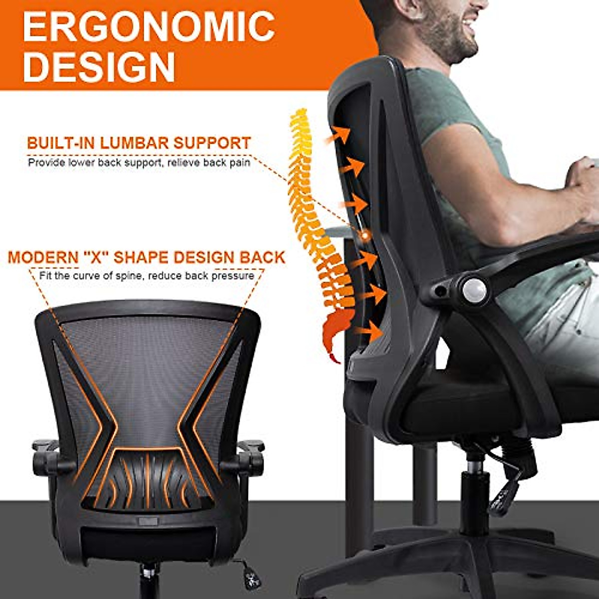 Qoroos Mesh Office Chair Ergonomic Mid Back Swivel Black Mesh Desk Chair Flip Up Arms with Lumbar Support Computer Chair Adjustable Height Task Chairs