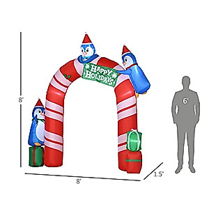 Outsunny 8ft Christmas Inflatables Outdoor Decorations Candy Cane Archway with Three Penguins and Gift Boxes, Blow-Up LED Yard Christmas Decor for Lawn Garden