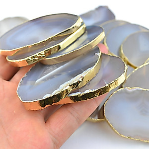 BOLIN 5 Pieces Natural White/Grey Agate Slices Stone Slab Gold Rim Edge Plated - 2"-3" for Wedding Name Cards Namecards Place Cards