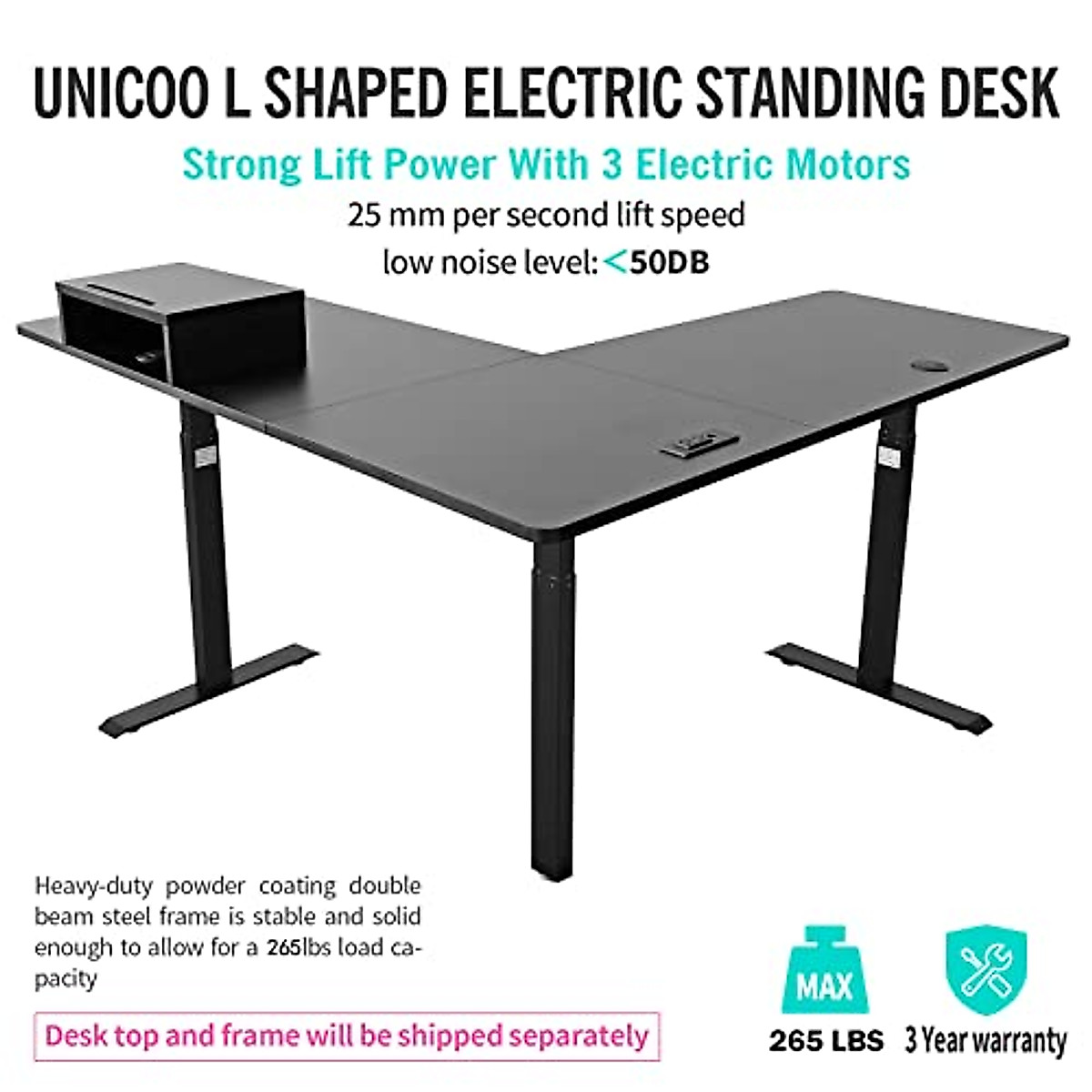 UNICOO - L Shaped Triple Motor Electric Height Adjustable Standing Desk, Computer Corner Desk, Home Gaming Desk, Office Writing Workstation (Black Top/Black Frame - XOT-L3E-BB)