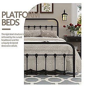 AUFANK Queen Metal Bed Frame with Headboard and Footboard Vintage Victorian Style Mattress Foundation Solid Sturdy Metal Slat No Box Spring Required Black