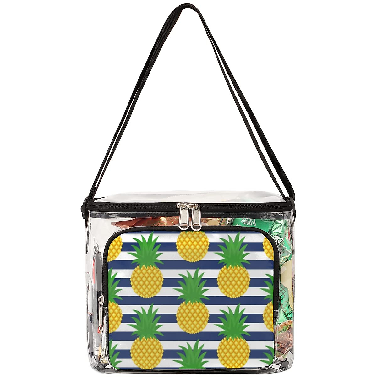 bisibuy Pineapple Striped Background Clear Lunch Bag Stadium Approved PVC Plastic See Through Lunch box with Adjustable Strap for Sports Events Concerts Office
