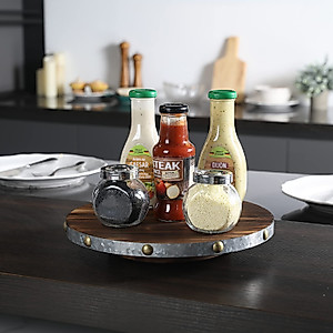 MyGift Round Rotating Serving Tray, Rustic Burnt Solid Wood and Galvanized Metal Lazy Susan Turntable with Brass Tone Studs