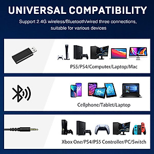 OFFSIR Wireless Gaming Headset with Noise Cancelling Microphone for PC PS5 PS4,Bluetooth Gaming Headset Surround Sound 2.4G USB Gamer Headphones with Mic RGB Lights for PlayStation Mac Computer Laptop