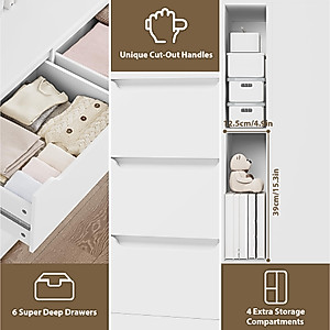 HOSTACK 6 Drawer Dresser, White Dresser with 4 Cubbies, Wood Chest of Drawers with Cut-Out Handles, Modern Storage Chest with 20" Deep Tabletop for Living Room, Hallway, Entryway