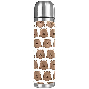Stainless Steel Leather Vacuum Insulated Mug Bear Thermos Water Bottle for Hot and Cold Drinks Kids Adults 16 Oz