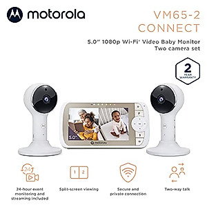 Motorola Baby Monitor VM65-5 WiFi Video Baby Monitor with 2 Cameras HD 1080p, Connects to Smart Phone App, 1000ft Long Range, 2-Way Audio, Remote Pan-Tilt-Zoom, Room Temp, Lullabies, Night Vision