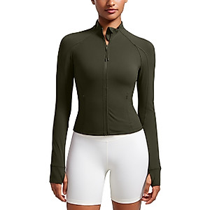 CRZ YOGA Butterluxe Womens Cropped Slim Fit Workout Jackets - Weightless Track Athletic Full Zip Jacket with Thumb Holes Olive Green Medium