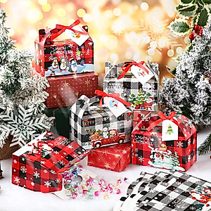 Zhanmai 100 Pieces Bulk Christmas Gift Boxes Gable Candy Boxes Buffalo Plaid Xmas Treat Boxes with Gift Tag and Ribbon 3D Cardboard Goodie Boxes for Gift Giving Christmas Party Favor(Red and White)