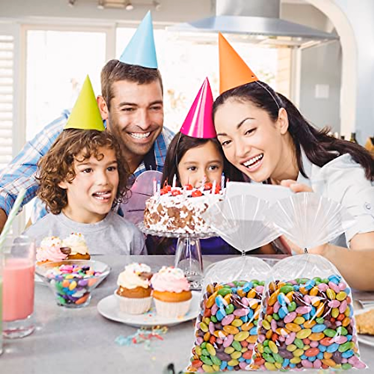 Bosose 100 Pcs 6 in x 10 in Clear Flat Cello Cellophane Treat Bags with 4.8" Twist Ties Mix Colors - Good for Bakery, Cookies, Candies,Dessert