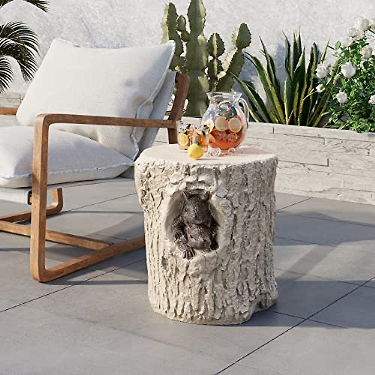 COSIEST Outdoor Antique Beige Side Table Faux Wood, Hand-Painted Wood Stump Stool w Sculpted Squirrel, Outdoor Accent Table, Ottomans, Plant Stand, Deck or Garden
