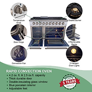 Akicon 48" Slide-in Freestanding Professional Style Gas Range with 6.7 Cu. Ft. Oven, 8 Burners, Convection Fan, Cast Iron Grates, & Blue Porcelain Oven Interior, In Black with Copper