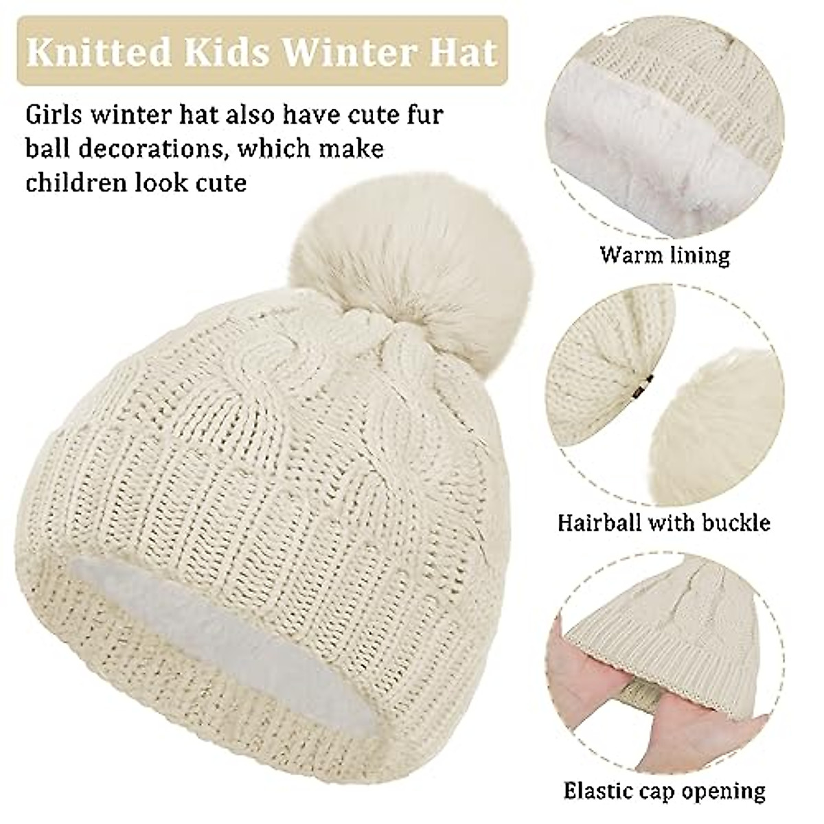 YSense 3 Pcs Kids Winter Beanie Hat Scarf Gloves Set Thick Knit Warm Fleece Fuzzy Lined Beanie Caps Mittens for Boys Girls Gifts