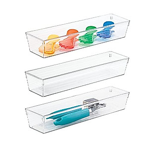 mDesign Plastic Kitchen Cabinet Drawer Organizer Tray - Storage Bin for Cutlery, Serving Spoons, Cooking Utensils, Gadgets - BPA Free, Food Safe, 12" Long, 3 Pack - Clear