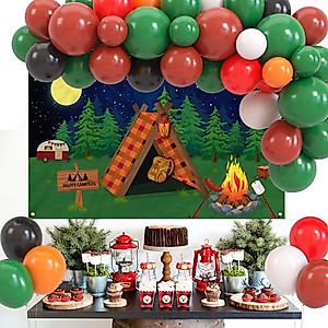 Vansolinne Camping Party Decorations Camping Adventure Happy Camper Night Forest Campfire Tent Scene Backdrop Banner & Balloons Garland Kit, Theme Birthday Classroom Decor Background Photo Props