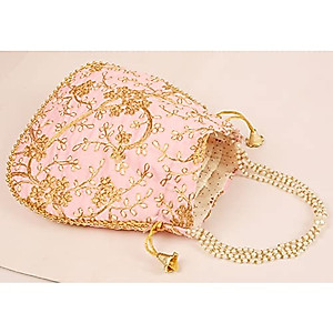 INDTRESOR beaded hand embroidered evening purse handbag vintage party wedding gift for women. Light Pink gold pearl