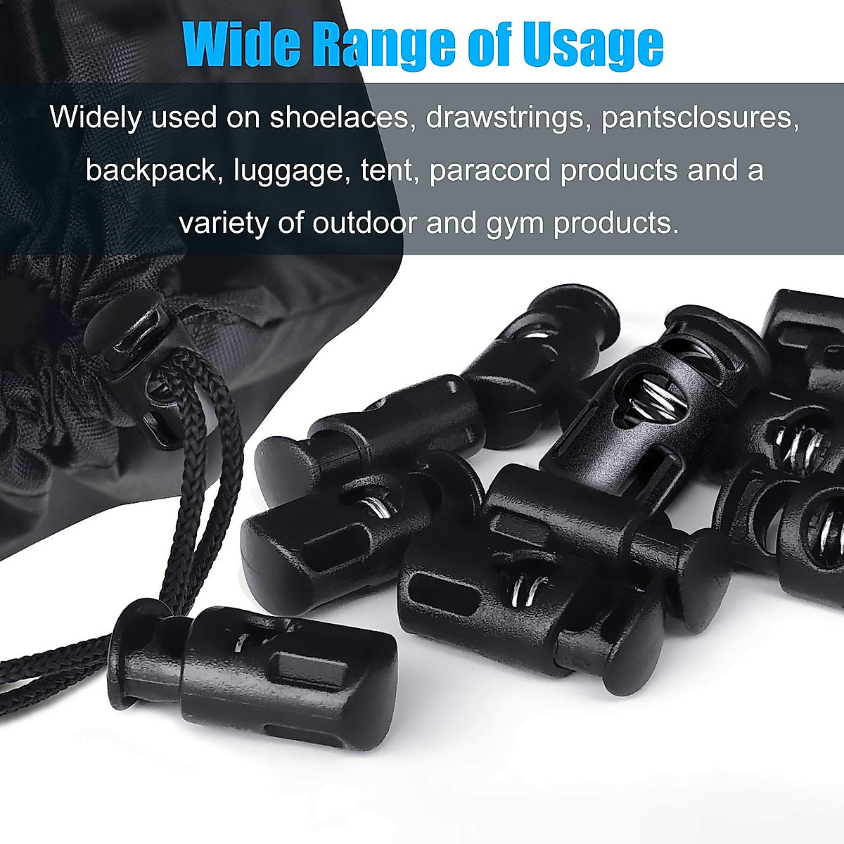 AQRINGO Plastic Cord Locks Upgraded Single Hole Spring Toggle Stopper Cord Stops Fastener Toggles for Shoelaces, Drawstrings, Paracord, Bags, Clothing, and More (10Pcs, Black)