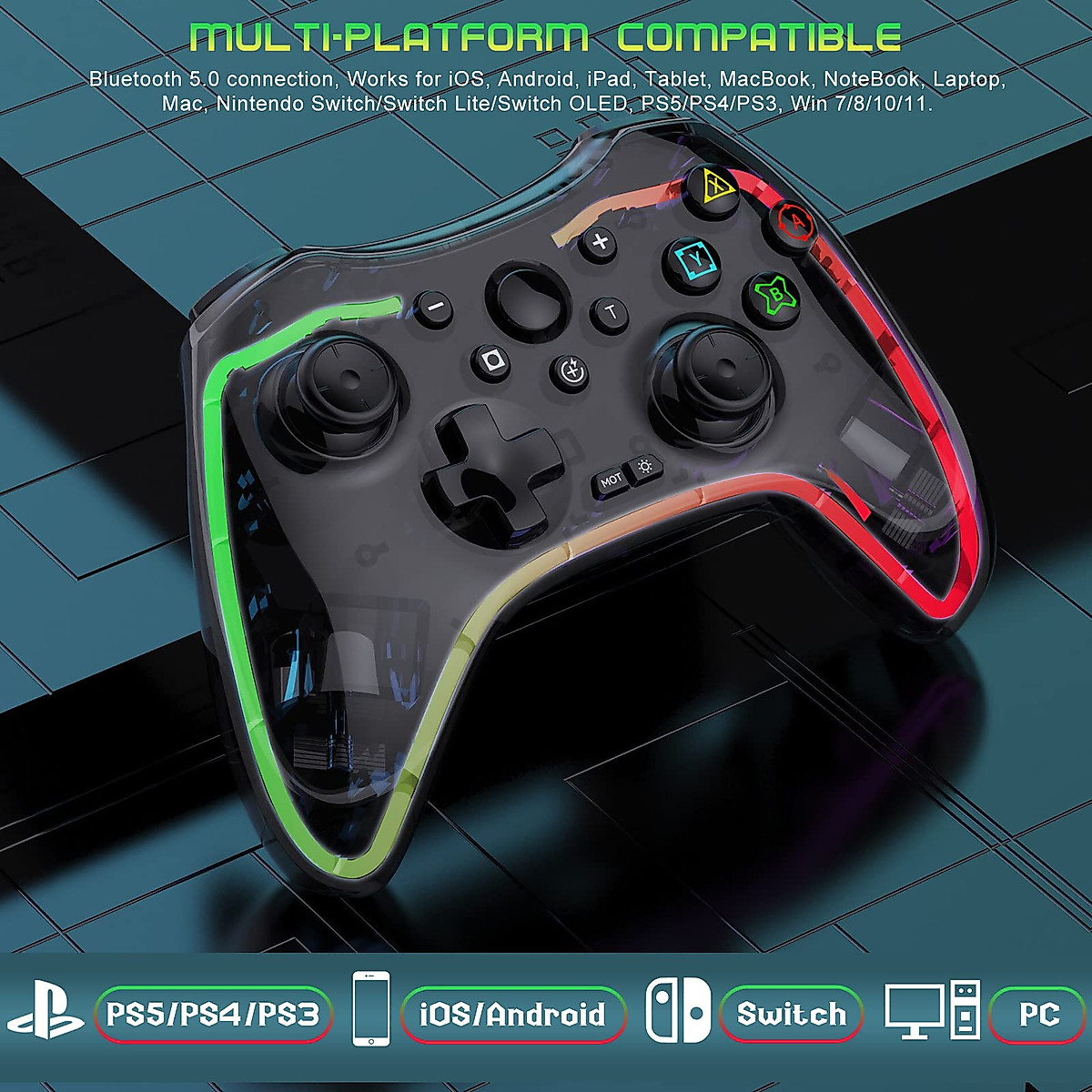 Joso Mobile Gaming Controller for iPhone/Android/PC/PS4 with RGB, Wireless Switch Controller with 6-Axis Gyro/Dual Vibration/Customized Buttons/Turbo, Transparent Mobile Gamepad with Phone Holder