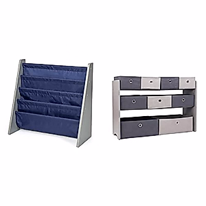 Humble Crew Book Organizer Kids Bookshelf, Grey/Navy & Kids Toy Organizer with 9 Storage Fabric Bins, Grey