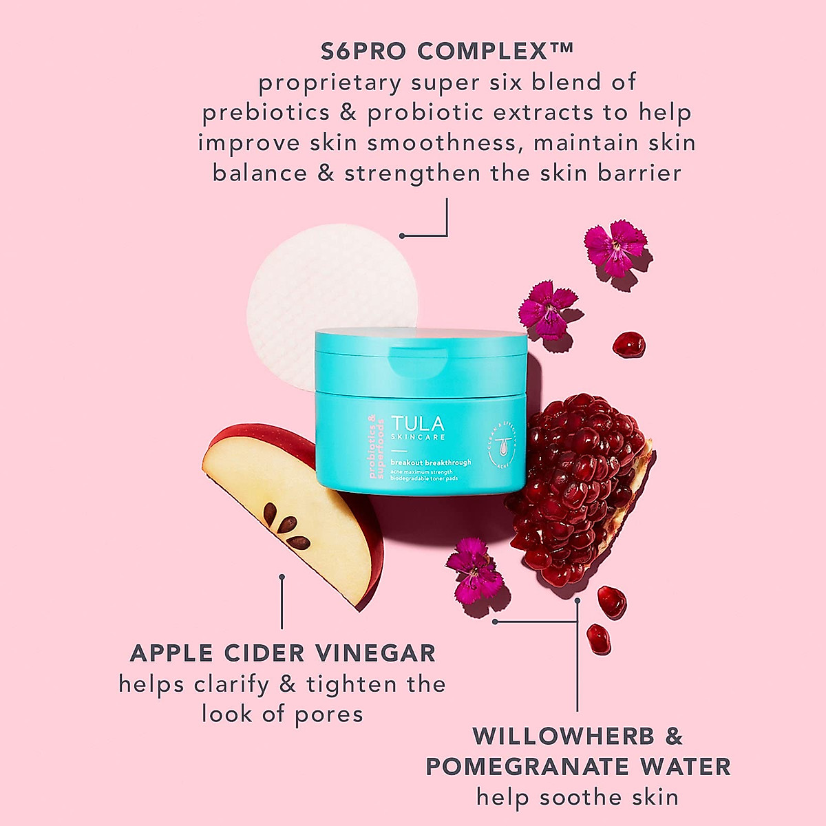 TULA Skin Care Breakout Breakthrough - Acne Maximum Strength Biodegradable Toner Pads, Non-Alcohol, Acne & Blemish Fighting, Soothes & Brightens Marks, 30 Pads