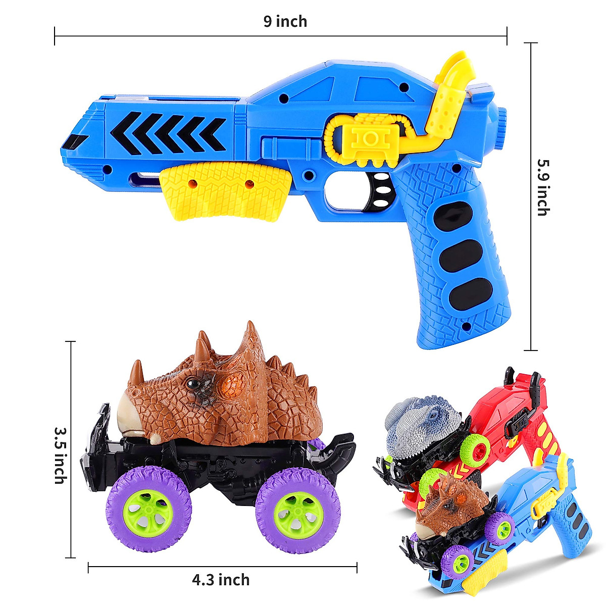 FiGoal 2 Pack Dinosaur Cars with Toy Gun Ejecting Friction Powered Dino Car Transforming Dinosaur Toys Car Gifts for Boys Girls Teacher Classroom Prize