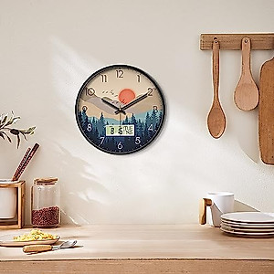 Silent Wall Clock with Day Week Temperature Wilderness with Sunset Non-ticking Battery Operated Large Digital Modern Clocks Display with Calendar and Date for Kitchen Farmhouse Bathroom Office 12 Inch