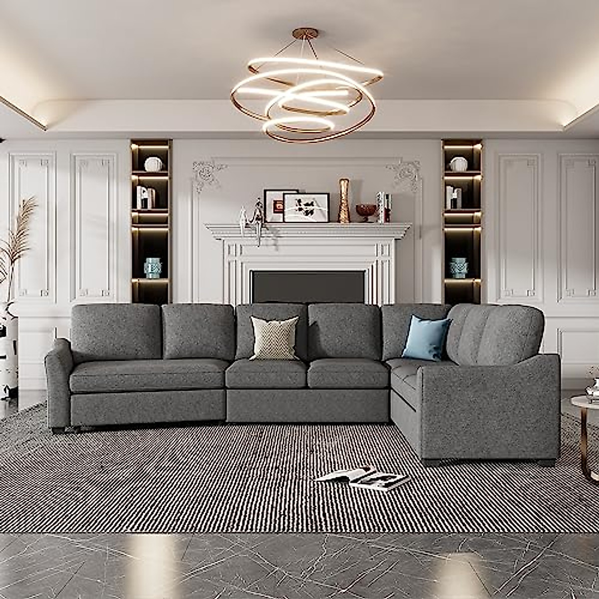 P PURLOVE Sectional Sofa for Living Room, Sectional Sleeper Sofa with Pull-Out Bed, Modern Couch with USB Charging Port, Upholstered L-Shaped Sofa Couch for Bedroom, Large Space(Gray)