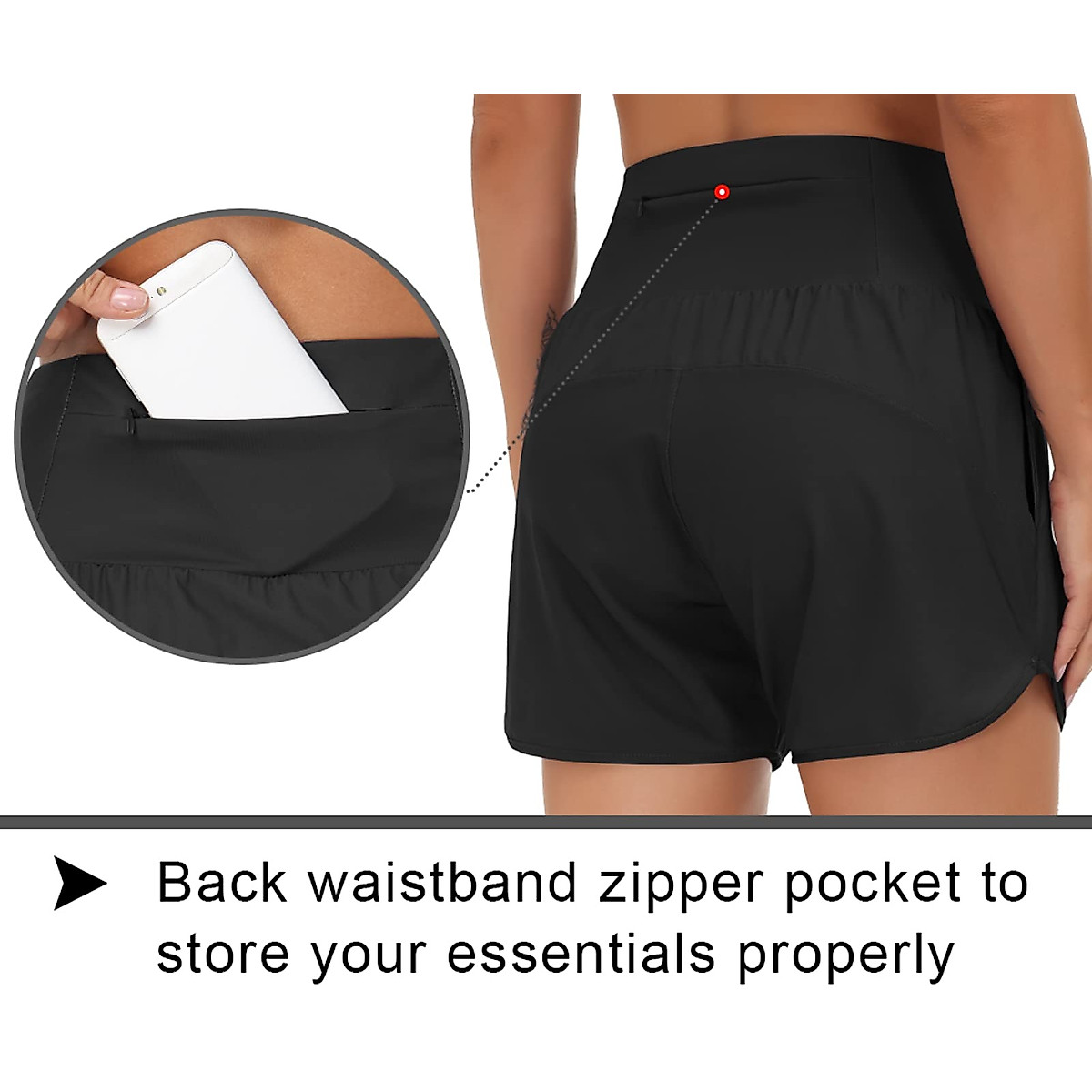 THE GYM PEOPLE Women’s High Waist Running Shorts with Liner Athletic Hiking Workout Shorts Zip Pockets (Black, Medium)