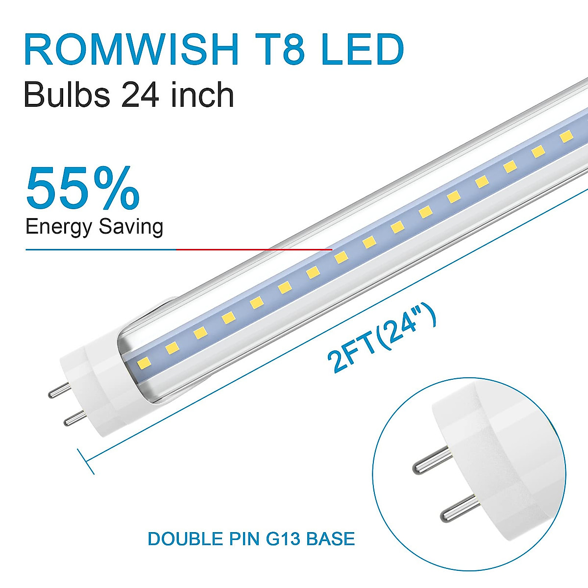 Romwish 2FT LED Tube Light, T8 T10 T12 Type B LED Light Bulb, 10W(24W Equiv.), 5000K Daylight, 1120LM, 24 Inch F20T12 Fluorescent Replacement, Remove Ballast, Double-Ended Power, Clear Cover, 4 Pack