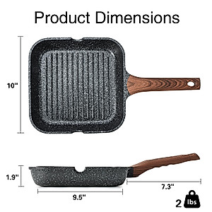 Kordisen Nonstick Grilling Pan for Stove Tops, 9.5 Inch Square Grill Pan for Indoor Cooking, Granite Coating Grill Skillet with Pour Spouts, Versatile Griddle, Induction Steak Pan, PFOA Free