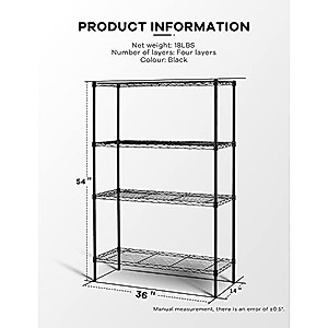 HCY Garage Shelving, 54x36x14 inch Metal Shelves 4 Tier Wire Shelving Unit Adjustable Heavy Duty Sturdy Steel Shelving Rack Shelf for Pantry Garage Kitchen (Black)