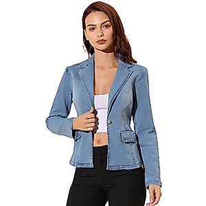 Allegra K Women's Notched Lapel One Button Long Sleeve Business Washed Denim Blazer Medium Light Blue