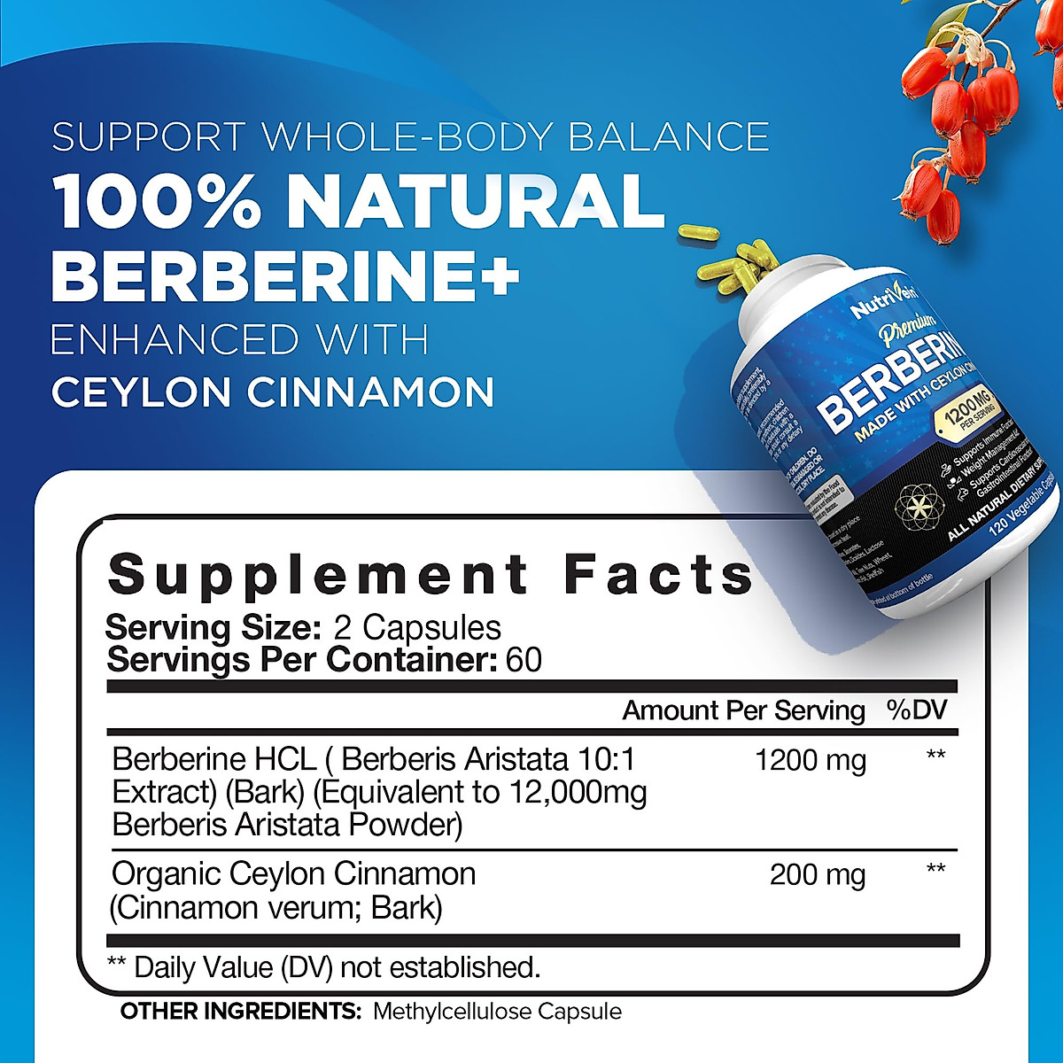 Nutrivein Premium Berberine HCL 1200mg Plus Organic Ceylon Cinnamon - 120 Capsules - Supports Immune System, Weight Management - Berberine HCI Supplement