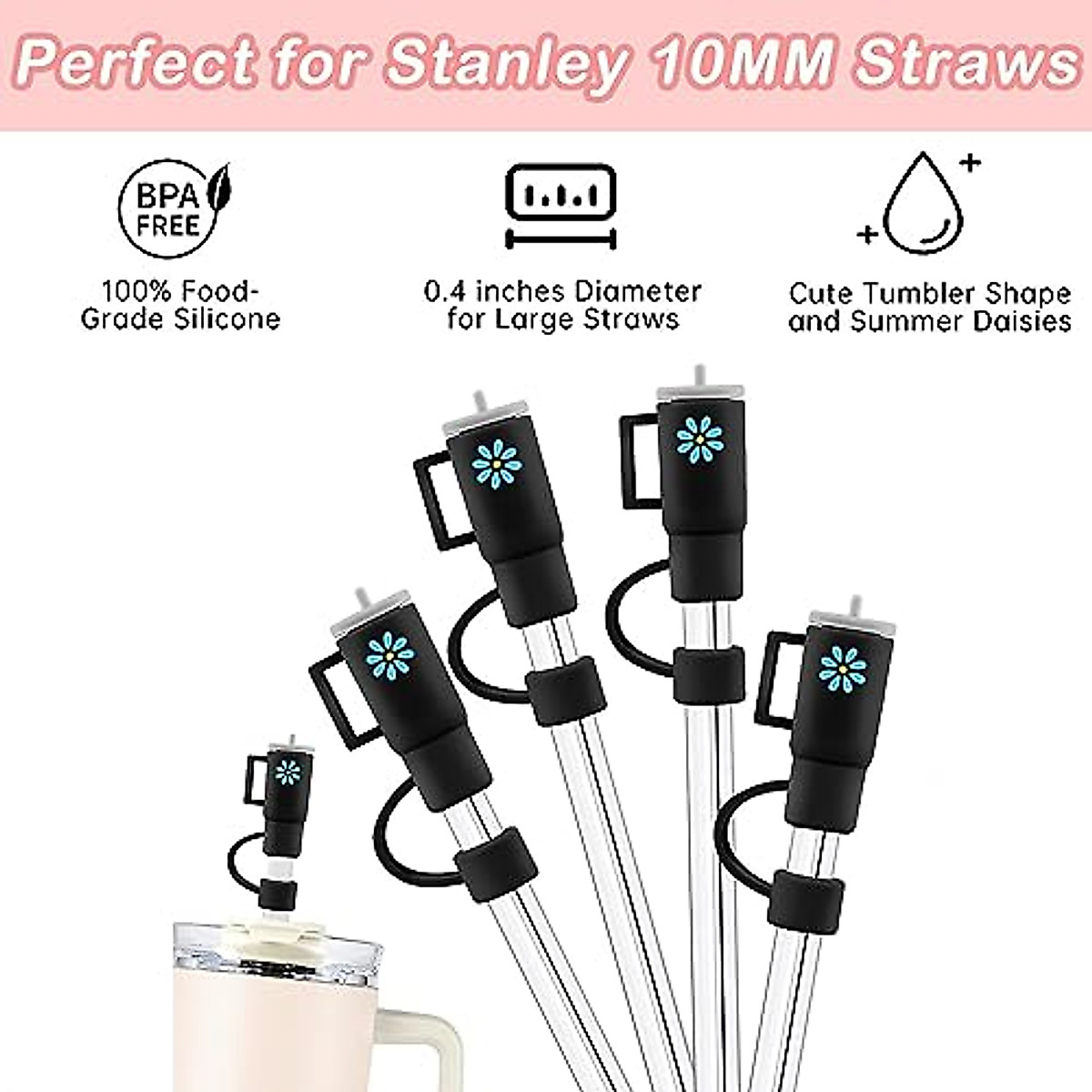 Straw Cover for Stanley,Silicone Straw Topper Compatible with Stanley 30&40 Oz Tumbler,10mm Dust-Proof Reusable Straw Cover Tips,Plus Spill Proof Stopper Set for Stanley Cup 1.0/2.0