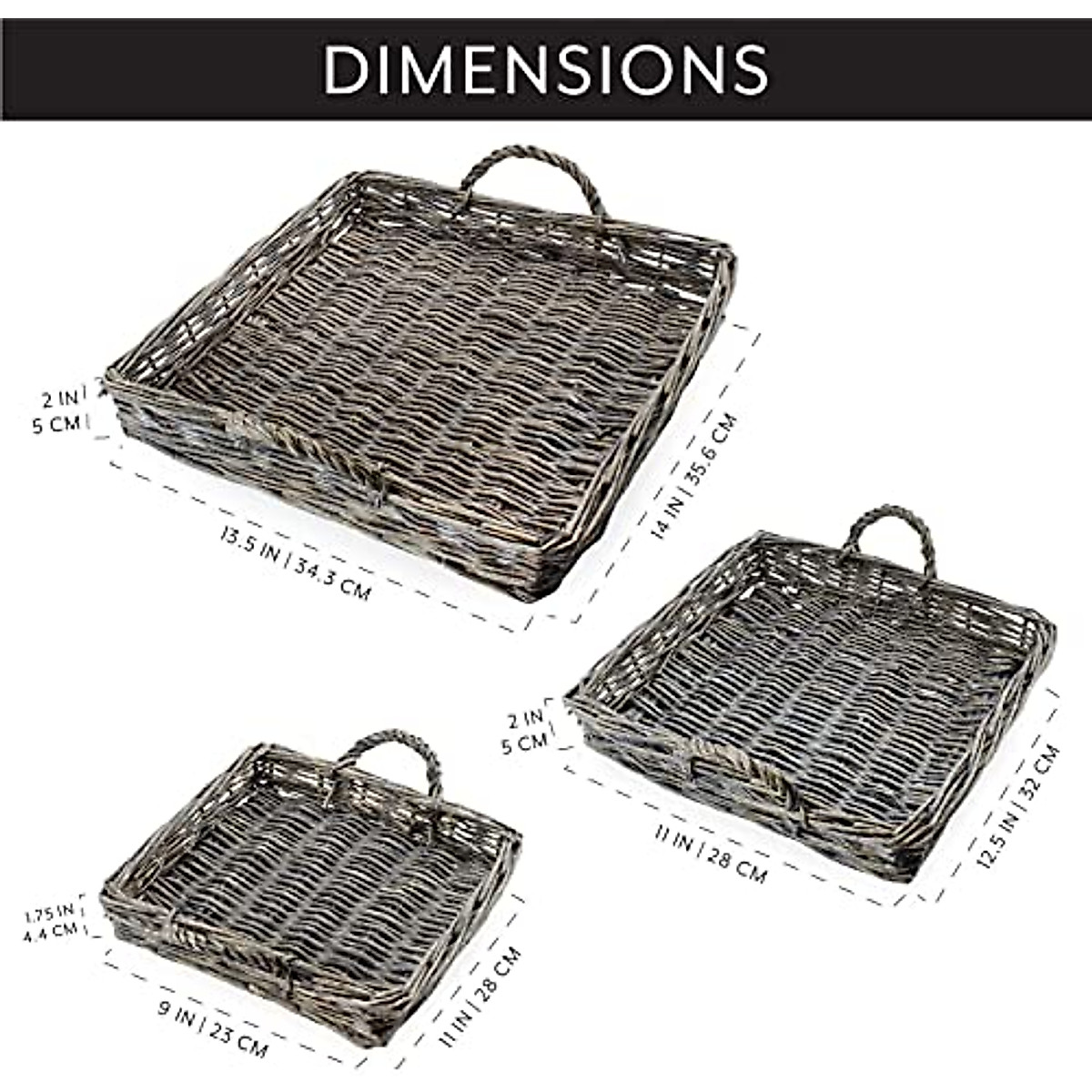 AuldHome Rustic Willow Basket Trays, Set of 3 (Square, Gray Washed); Natural Wicker Decorative Farmhouse Trays