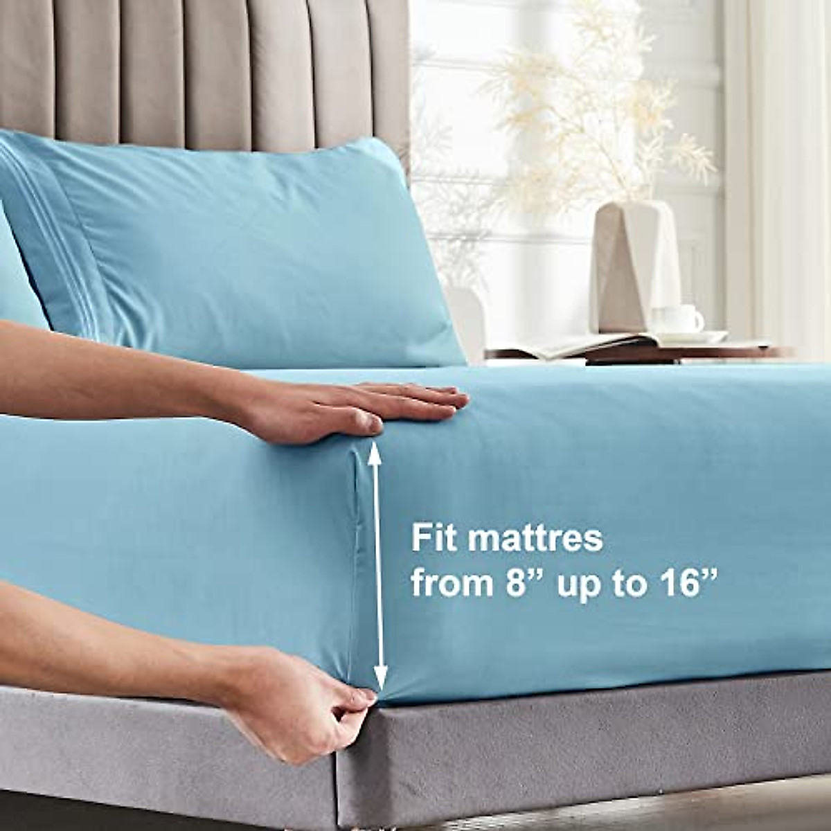 WODFAMY Microfiber Easy Fit Twin Size Bed Sheet Set Extra Soft Deep Pockets Luxury Hotel 3 Piece Set Light Blue Bed Sheets Twin Sheets
