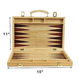 Sterling Games Wooden Backgammon Set for Adults, 15" Foldable Backgammon Board Game Set with Travel Handle and Metal Clasps