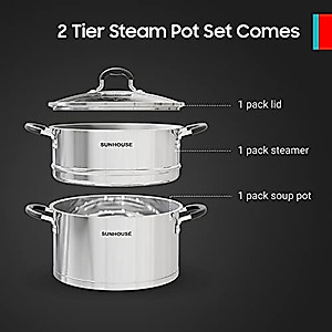 SUNHOUSE Steamer Pot for Cooking 8-inch Steam Pots with Lid, 3 Quarts Multipurpose Stock Pot Stainless Steel Steaming Pot Cookware with Handle for Vegetable, Stews, Pasta, Dumpling, Sauce, Food