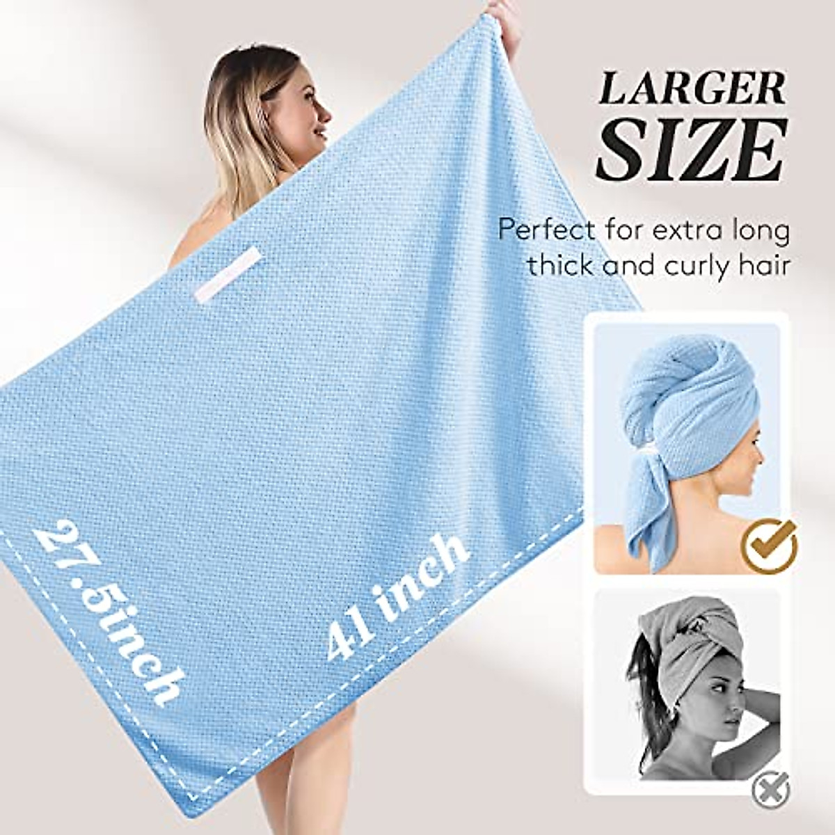 Sucedul Large Microfiber Hair Towel Wrap for Women, 2 Pack Super Absorbent Hair Drying Towel, Anti Frizz Fast Drying Hair Turbans for Long, Thick, Curly Hair, Super Soft Hair Wrap Towels Blue Pink