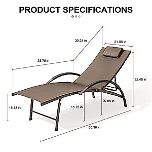 Crestlive Products Adjustable Chaise Lounge Aluminum Lounge Chair Five-Position Outdoor Recliner with Padded Headrest & Curved Armrest All Weather for Patio, Beach, Yard, Pool (2PCS Brown)
