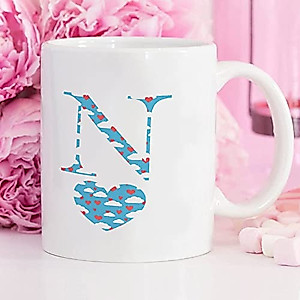 Valentine's Day Love Monogram Letter N Coffee Cup Love Heart Initials Letter Coffee Mug 11oz Custom Name Porcelain Cup Happy Valentine's Day Tea Mug Gift for Girlfriend Valentines Anniversary