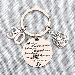 BEKECH Birthday Keychain Gifts for Him/Her,10th 12th 13th 14th 15th 16th 18th 30th 40th 50th Birthday Cake Birthday Key Ring Gift, Behind You All Memories Before You All Your Dream (30th)