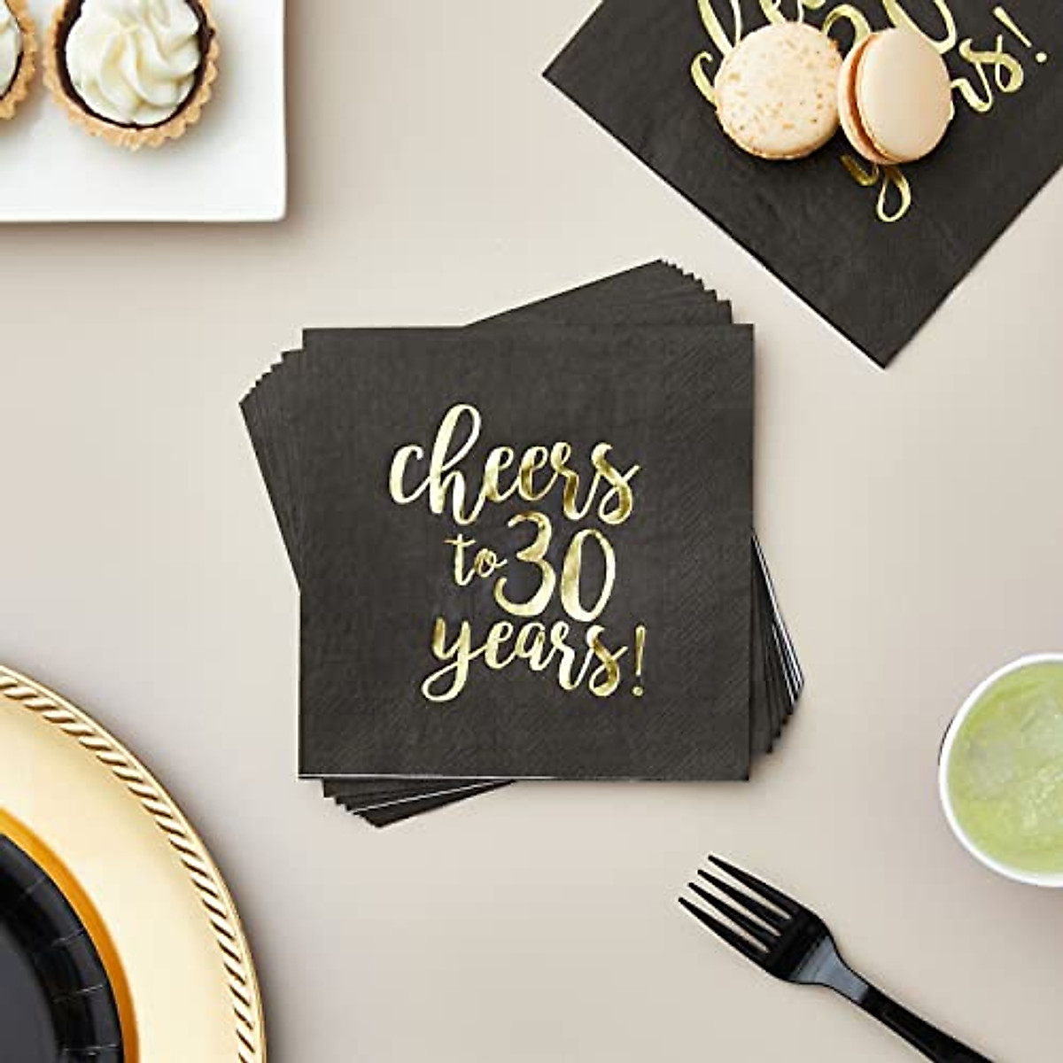 50 Pack Cheers to 30 Years Cocktail Napkins for 30th Birthday, Anniversary Party Supplies, 3-Ply, Black and Gold Foil (5 x 5 In)