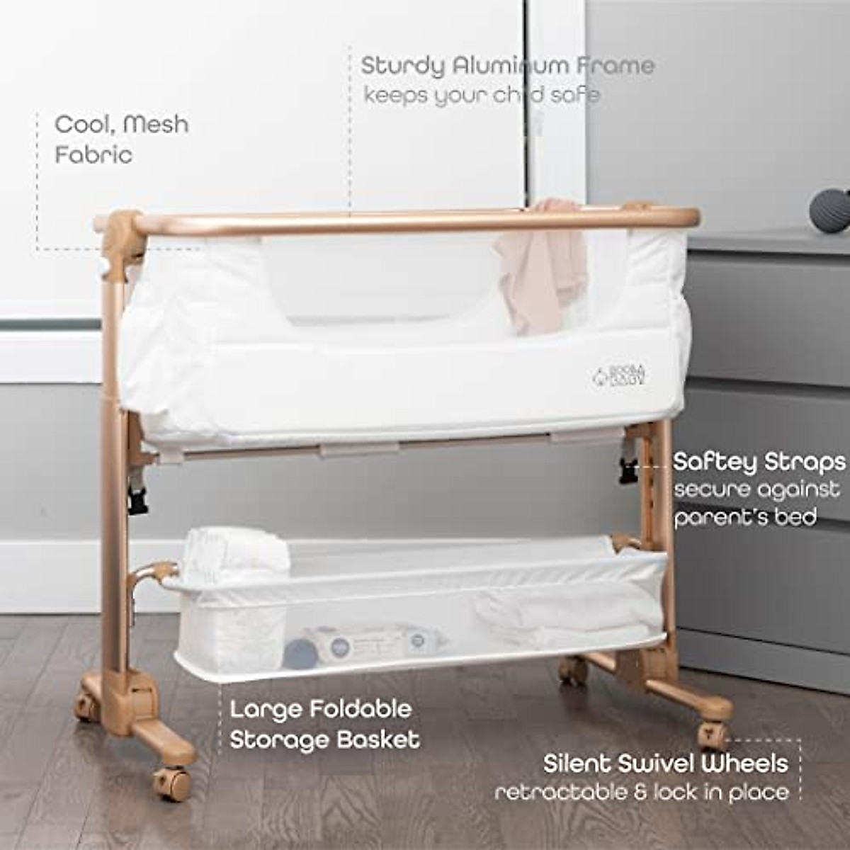 Baby Bassinet, Bedside Sleeper for Baby, Easy Folding Portable Crib with Storage Basket for Newborn, Bedside Bassinet, Comfy Mattress/Travel Bag Included (White and Gold)