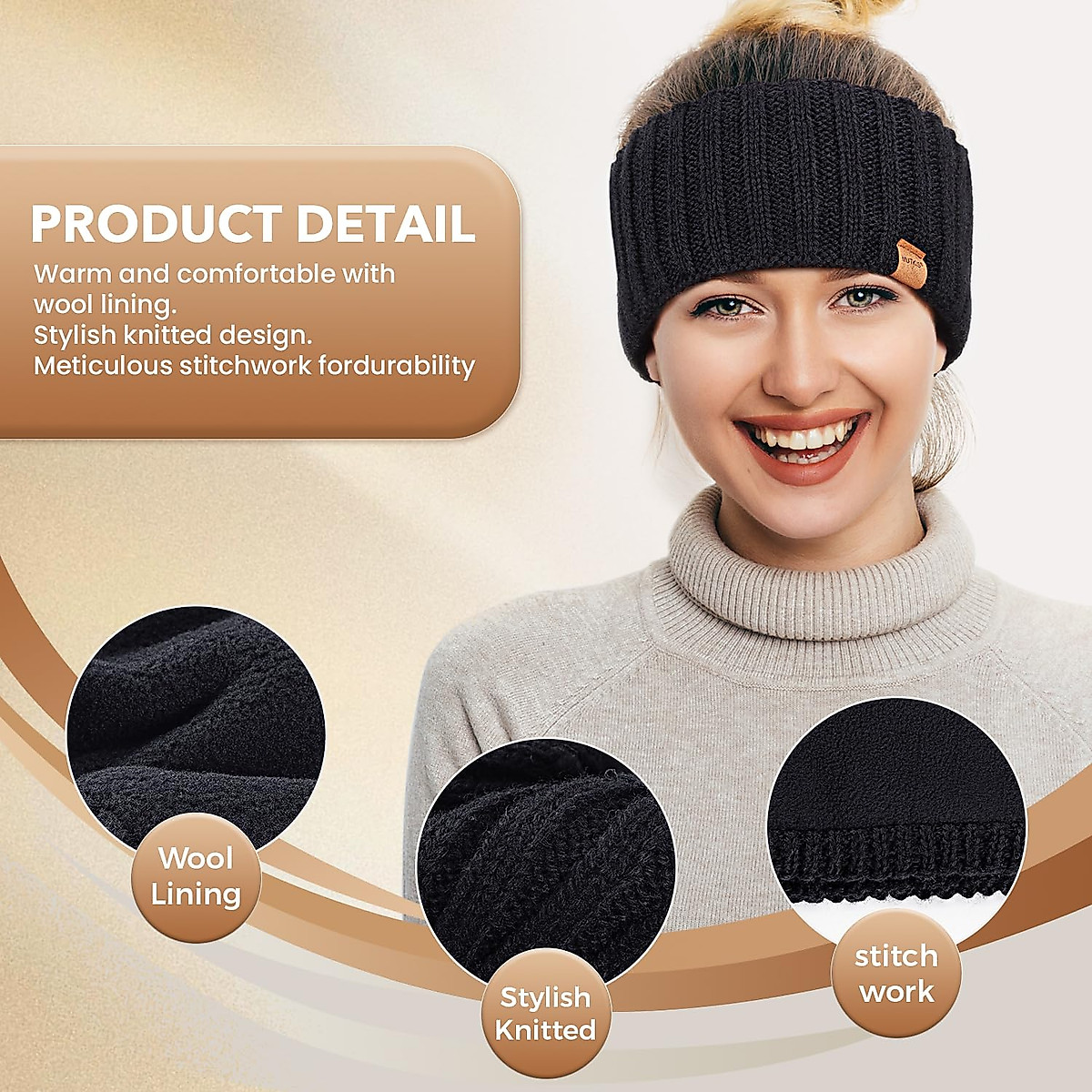 MUTKIS Winter Headbands for Women 3 Pack, Ear Warmers for Women Headband Wool Knit Thick Fleece Lined, Cold Weather Warm Ear Muffs(Black&Beige&Dark Gray)