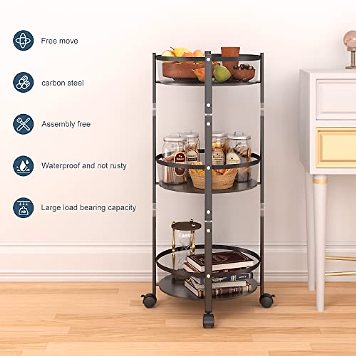 Innotic 3-Tier Rolling Utility Cart, No Assemble, Collapsible Metal Storage Organizer Cart with Lockable Wheels, Multifunctional Trolley for Kitchen, Office, Garden(Black)