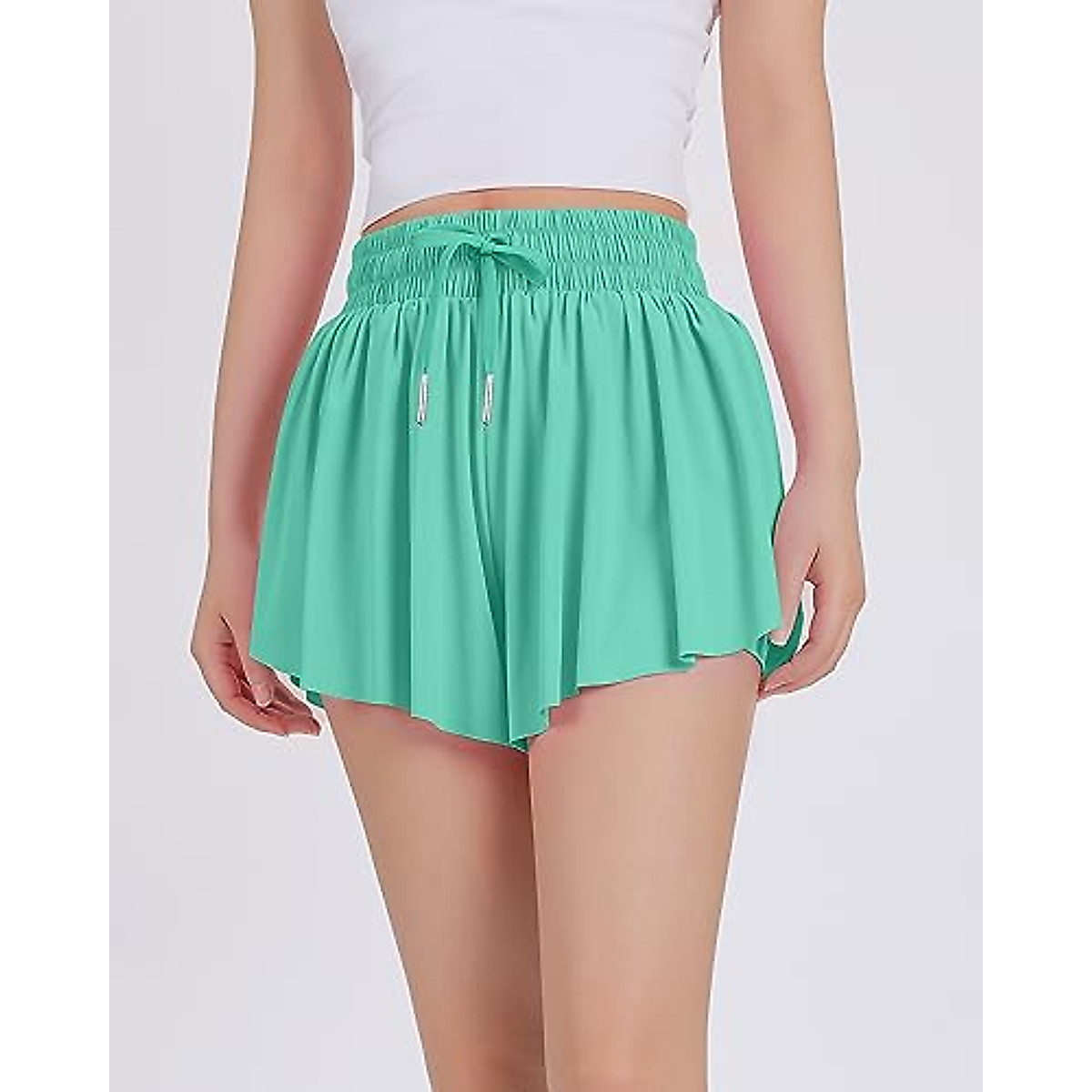 JOCMIC Girls Flowy Shorts, 2 in 1 Youth Butterfly Shorts with Spandex Liner for Fitness Running Athletic Tennis 8 Years Deep Green
